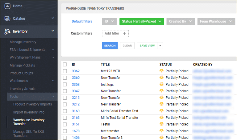 Warehouse Inventory Transfers - Status | Sellercloud