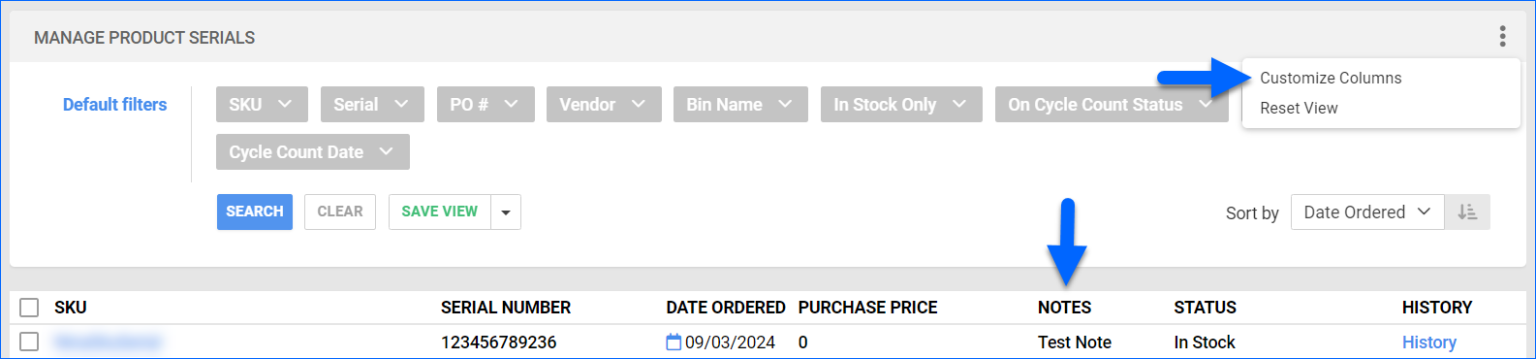 Product Serial Report: Notes | Sellercloud