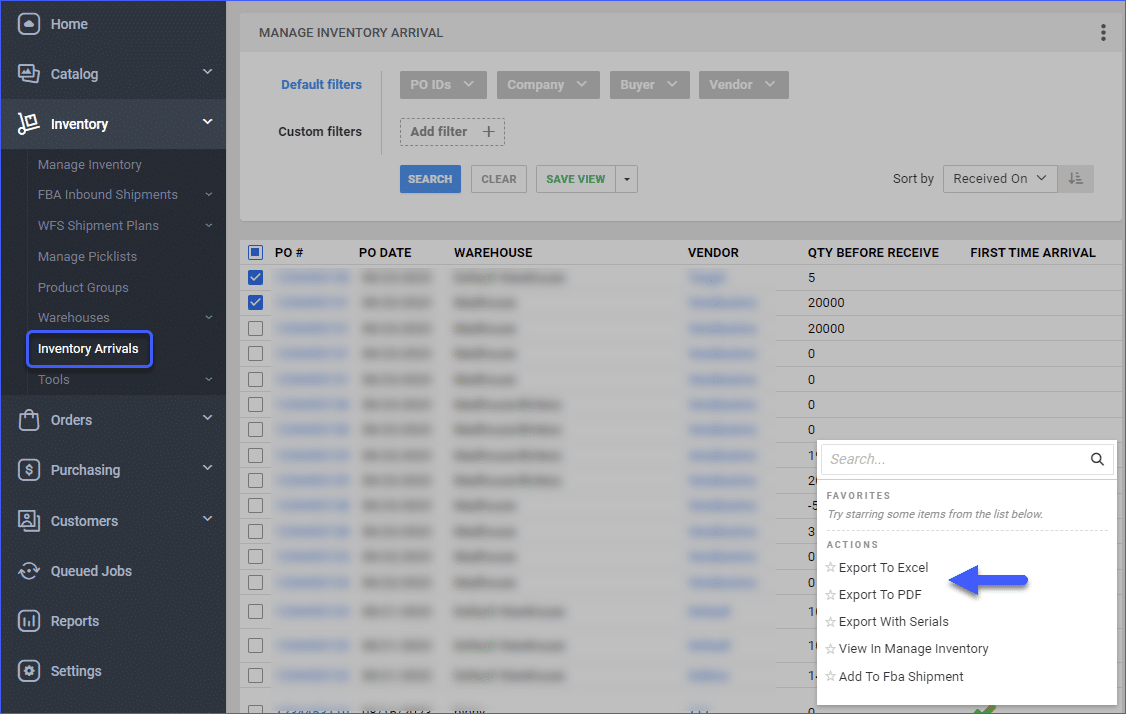 Inventory Arrival Export | Sellercloud