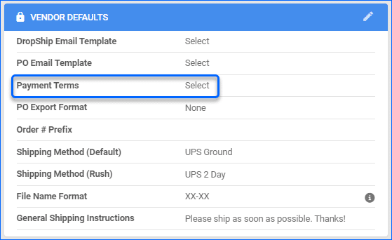 Vendor Defaults - Payment Terms | Sellercloud
