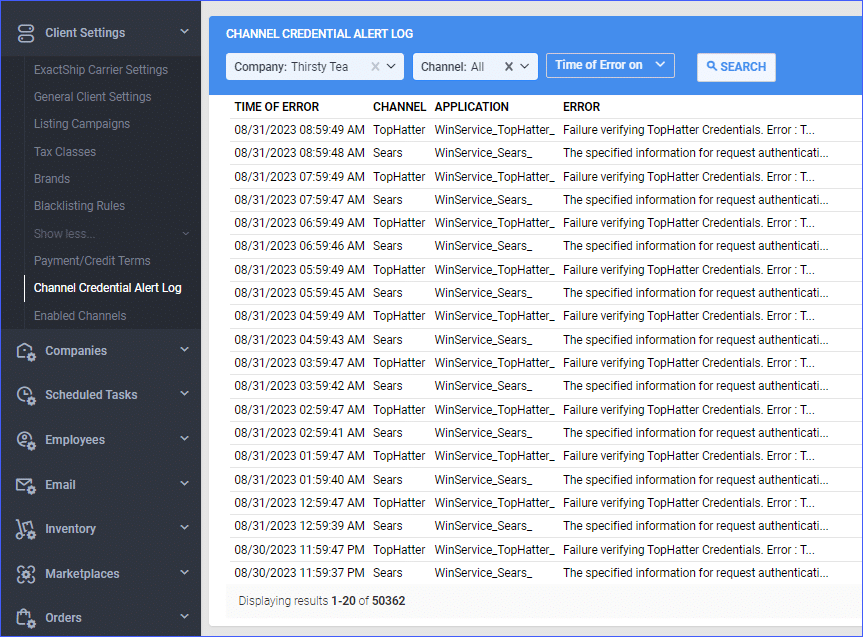 Channel Credentials Alert Log | Sellercloud