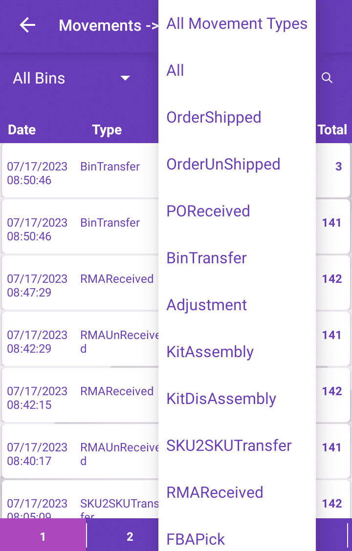 Movement Type Filter | Sellercloud