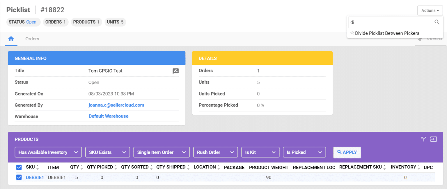 Divide Picklist Between Pickers | Sellercloud