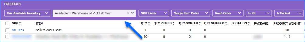 Available in Warehouse of Picklist | Sellercloud