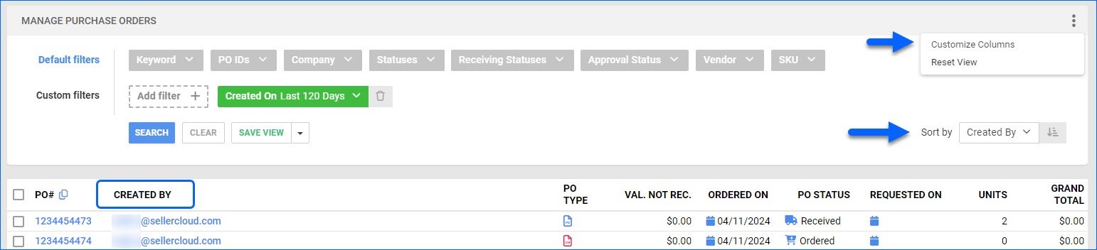 PO Created By | Sellercloud