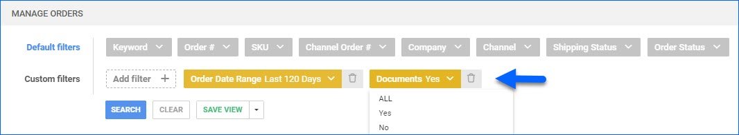 Manage Orders: Documents Filter | Sellercloud